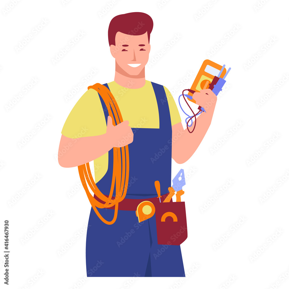 Working electrician with tools. Wires, tester in hands. Vector ...