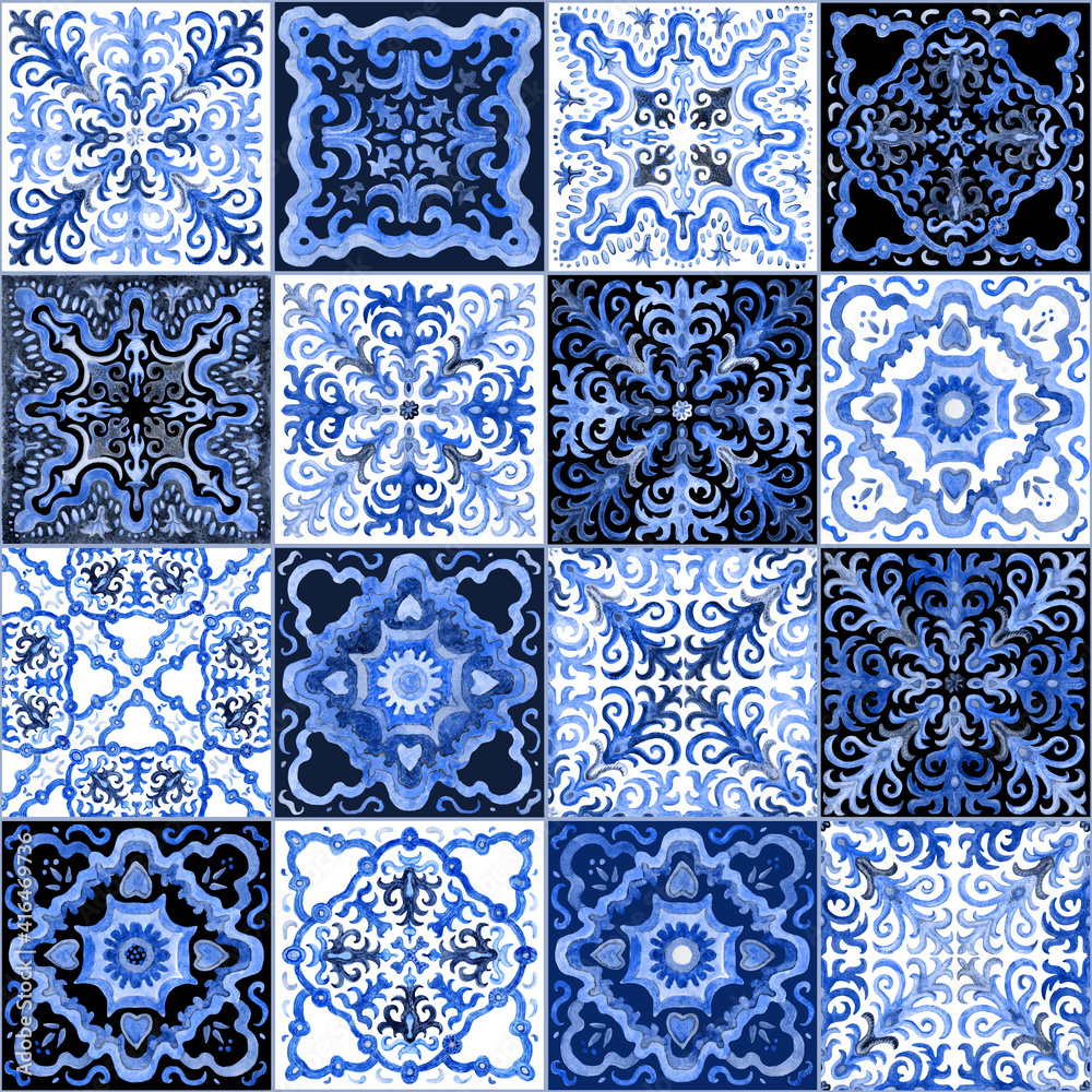 Seamless pattern of watercolor painted blue mosaic tiles with floral ...
