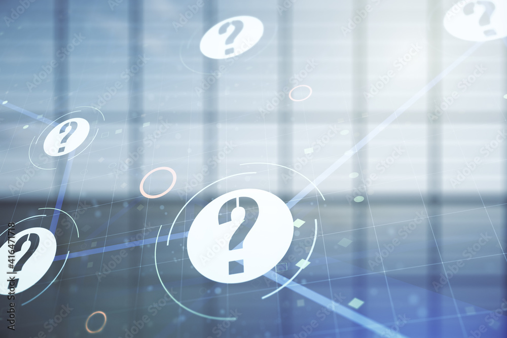 Abstract virtual question mark illustration on empty corporate office ...