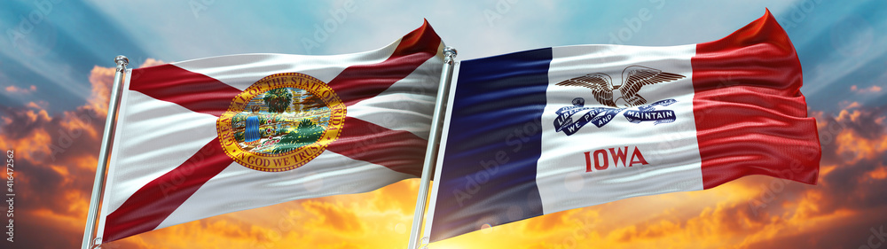 Florida flag and Iowa flag States of America waving with texture sky ...