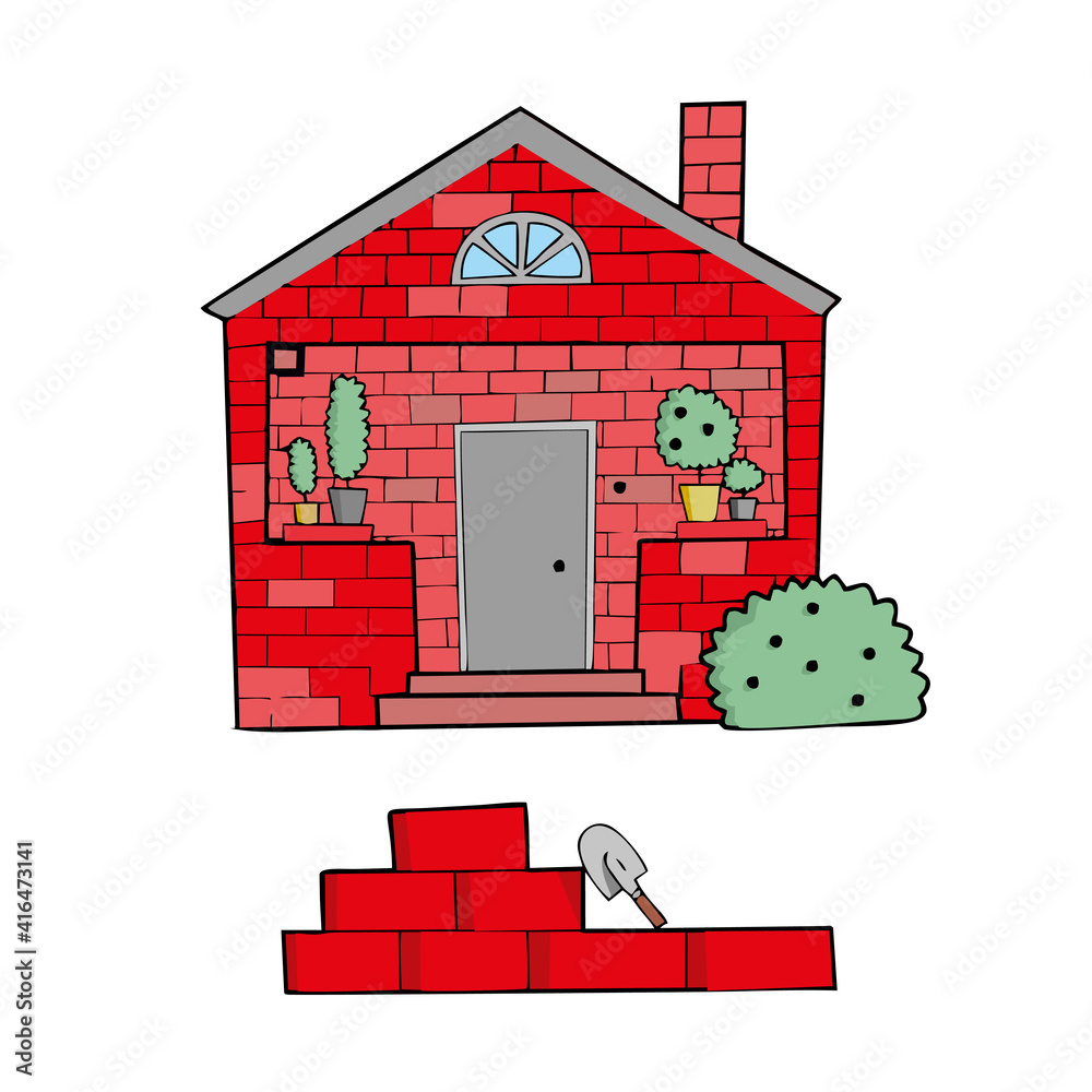 Brick house on white background Cute Cartoon Vector illustration. Stock ...
