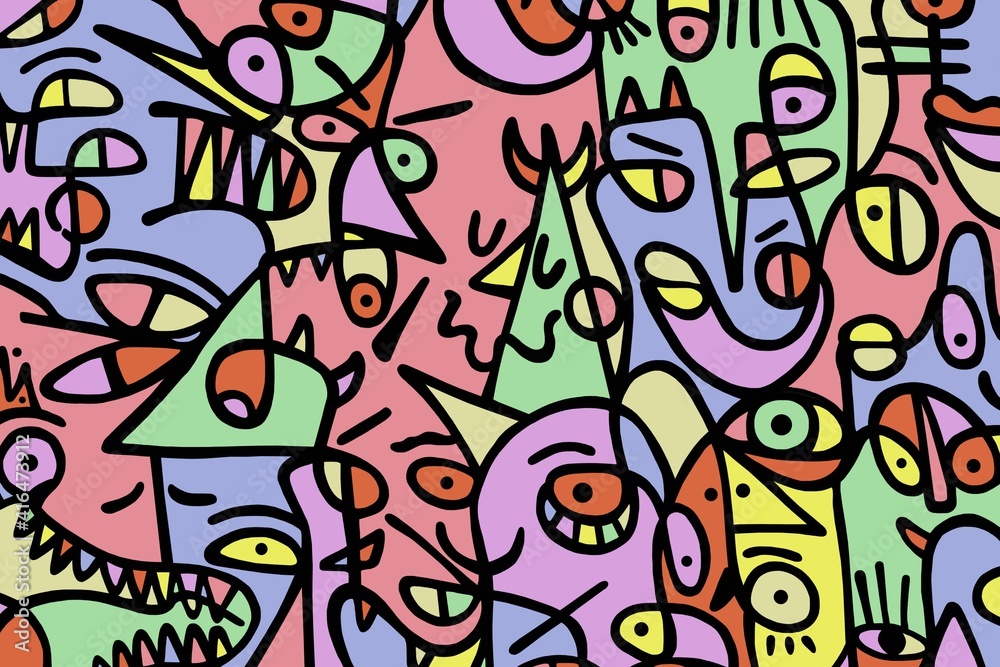 Abstract drawing of black lines painted in different colors.Backgrounds ...