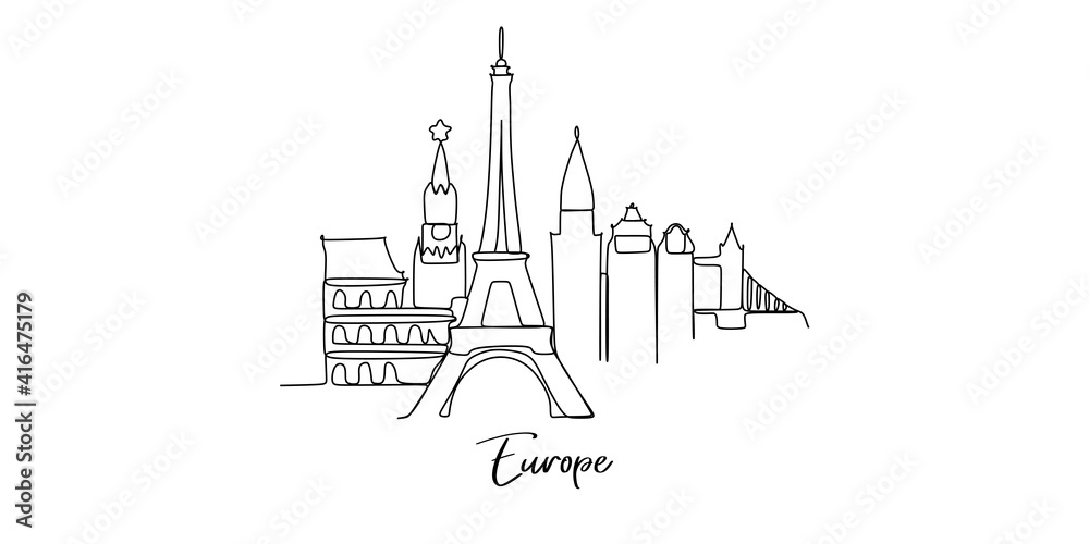 Europe landmarks skyline - continuous one line drawing Stock Vector ...