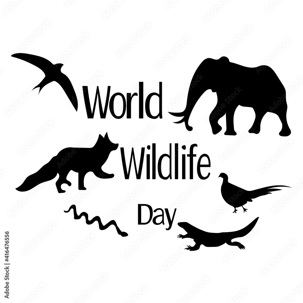 World Wildlife Day, Silhouettes of wild animals of various types and a ...