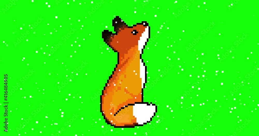 Cute cartoon fox and falling down snow. Pixel art 8 bit. Vector ...