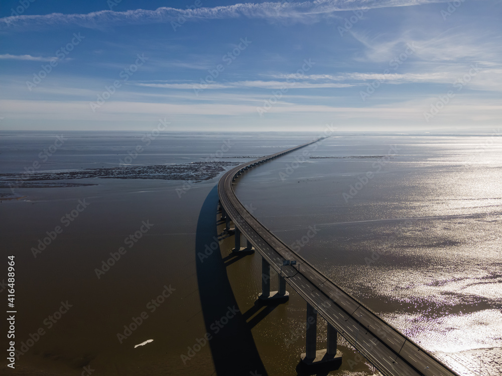 Aerial view of Vasco da Gama bridge crossing the Tagus River, one of ...