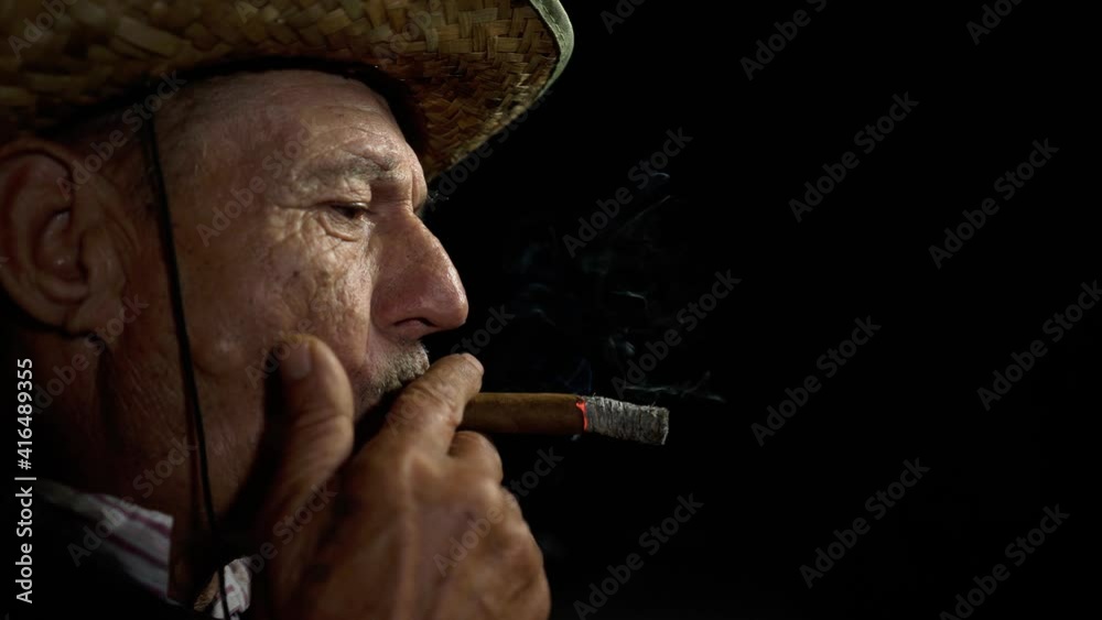 Cigar in the smoker's mouth. Lit a cigar. Addiction to tobacco. Heavy ...