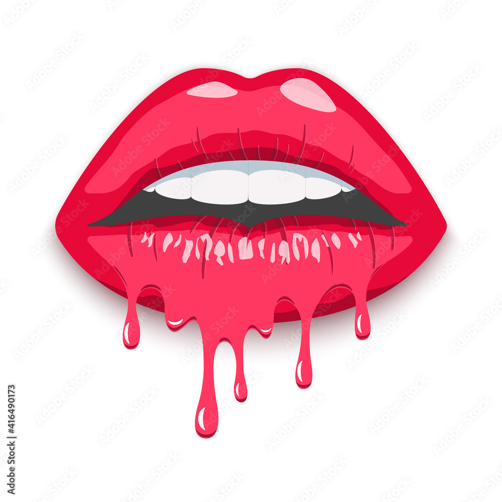 Red dripping female lips. Lipstick drips. Lips in splash of paint ...
