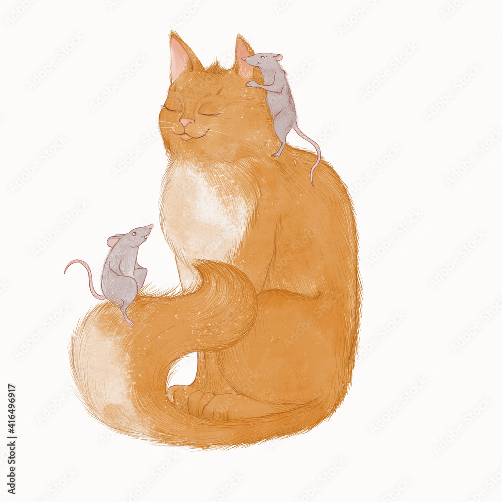 Cute hand drawn watercolor illustration of the red cartoon cat with ...