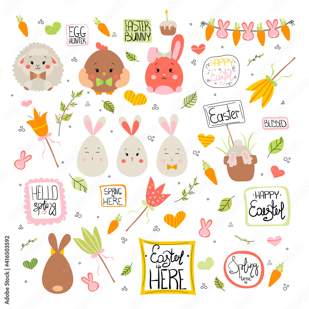 Set of Easter elements. Vector stock illustration of eggs, chicken ...