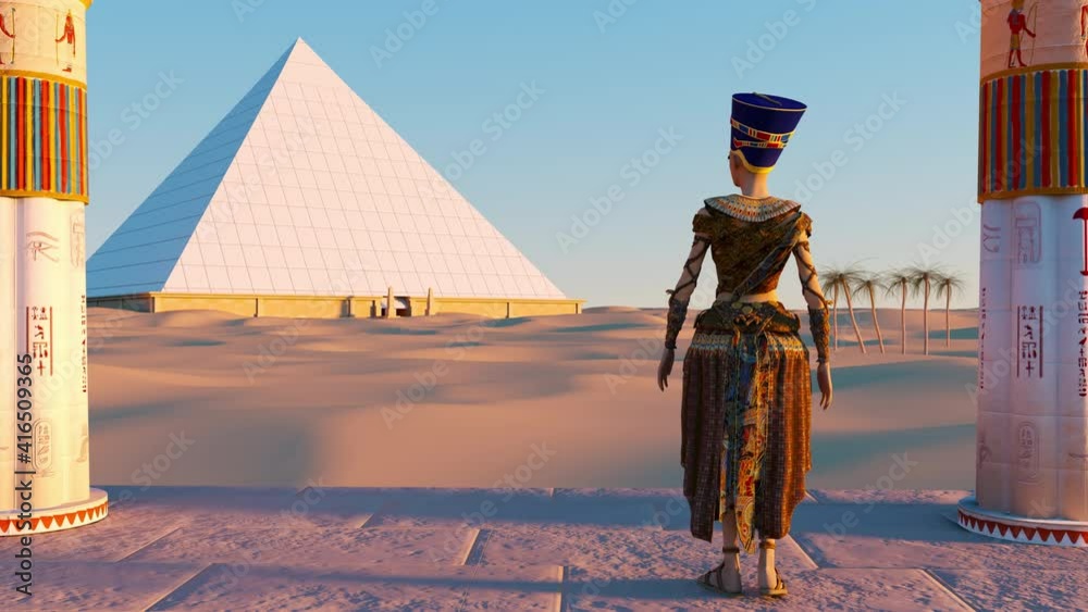 Queen Nefertiti admires the pyramids and desert views from the ancient ...