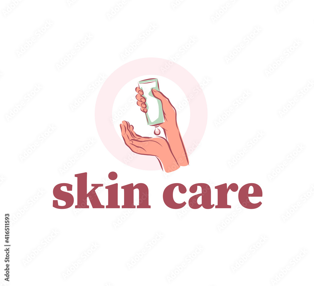 Hand cream emblem with human hands icon hold tube of moisturizer ...