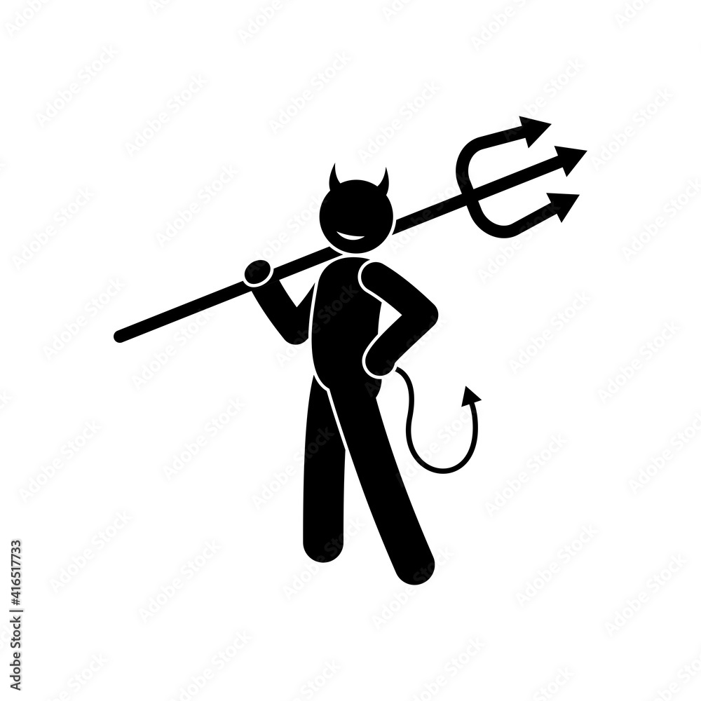 funny devil caricature, horned demon icon with trident, stick figure ...