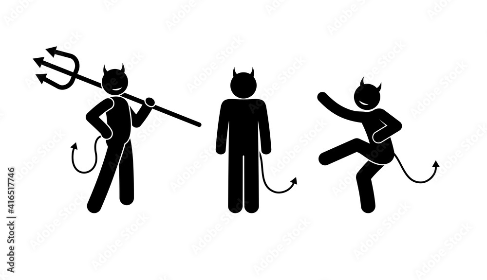 set of devil illustrations, horned demon icon with trident, isolated stick figure pictogram ...