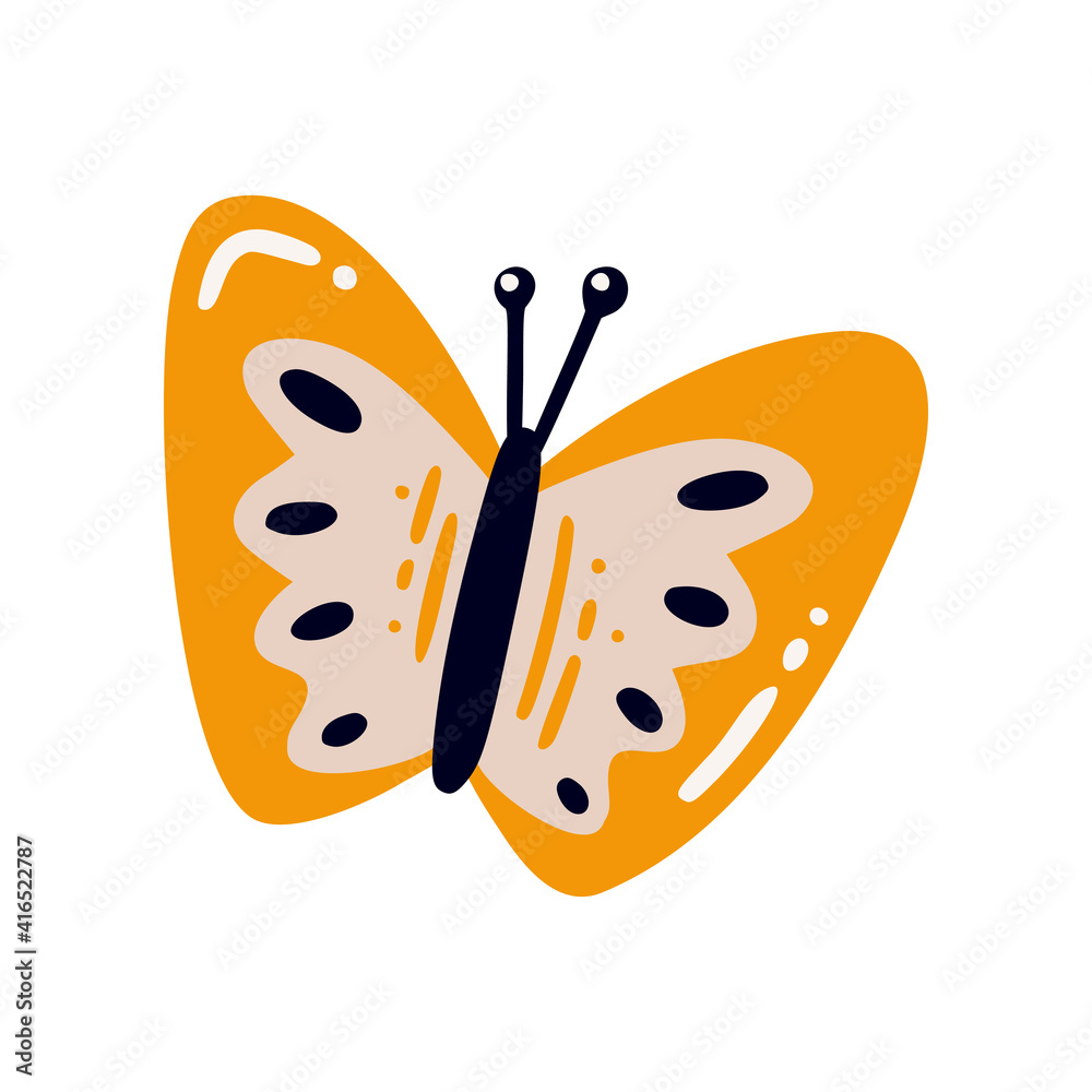 Hand drawn colored cartoon flying moth. Beautiful butterfly isolated on ...