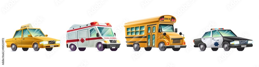 Vector cartoon collection of cars, yellow taxi, ambulance, school bus ...