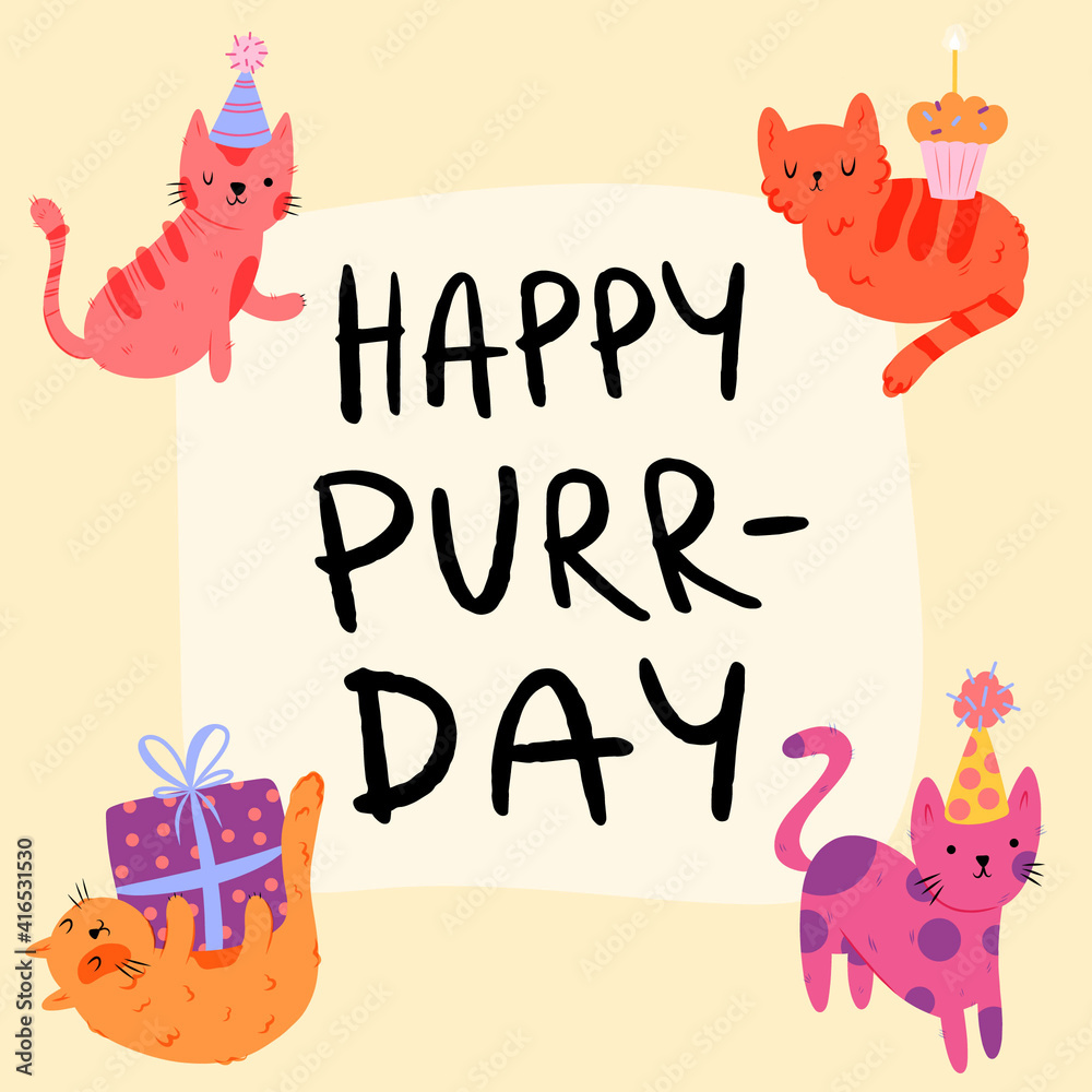 Happy Purr-Day, cute birthday card with cats Stock Illustration | Adobe ...