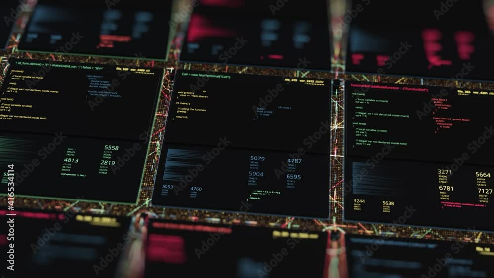 Technological background with flying mosaic with glowing changing data ...