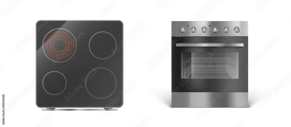 Induction cooking panel with oven, electric stove front and top view ...