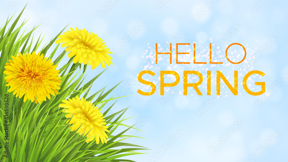 Spring light blue sky background with grass and dandelions. Template ...