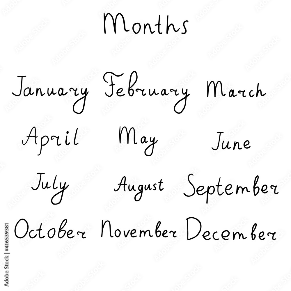 Cute hand drawn doodle text of months of the year isolated on white ...