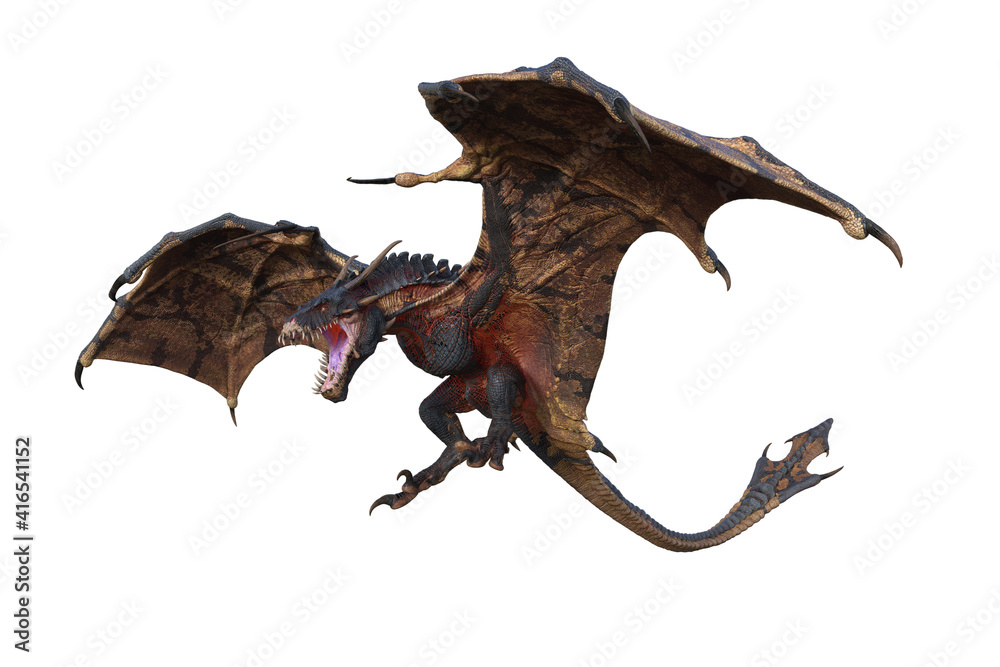 Wyvern or Dragon fantasy creature flying with mouth open to breath fire ...