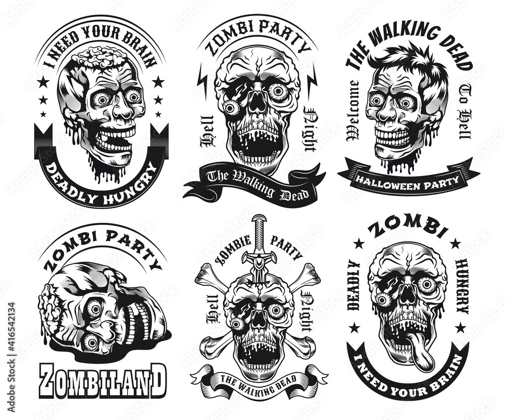 Black label designs with zombie head vector illustration set. Vintage ...