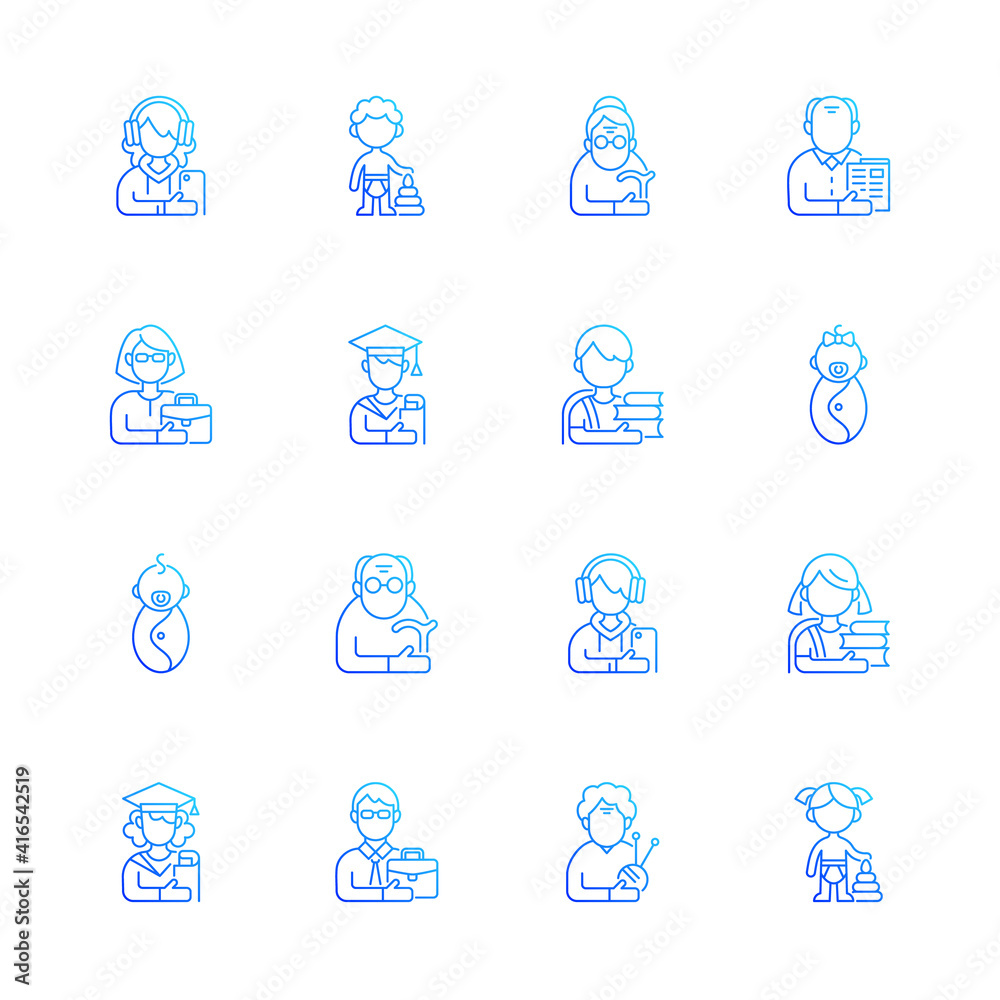 Different age and gender groups gradient linear vector icons set. Aging process. Child ...