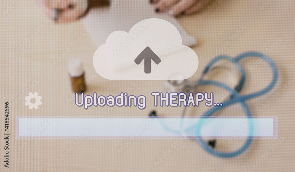 Uploading a therapy to the cloud. Background: a doctor writing a recipe ...