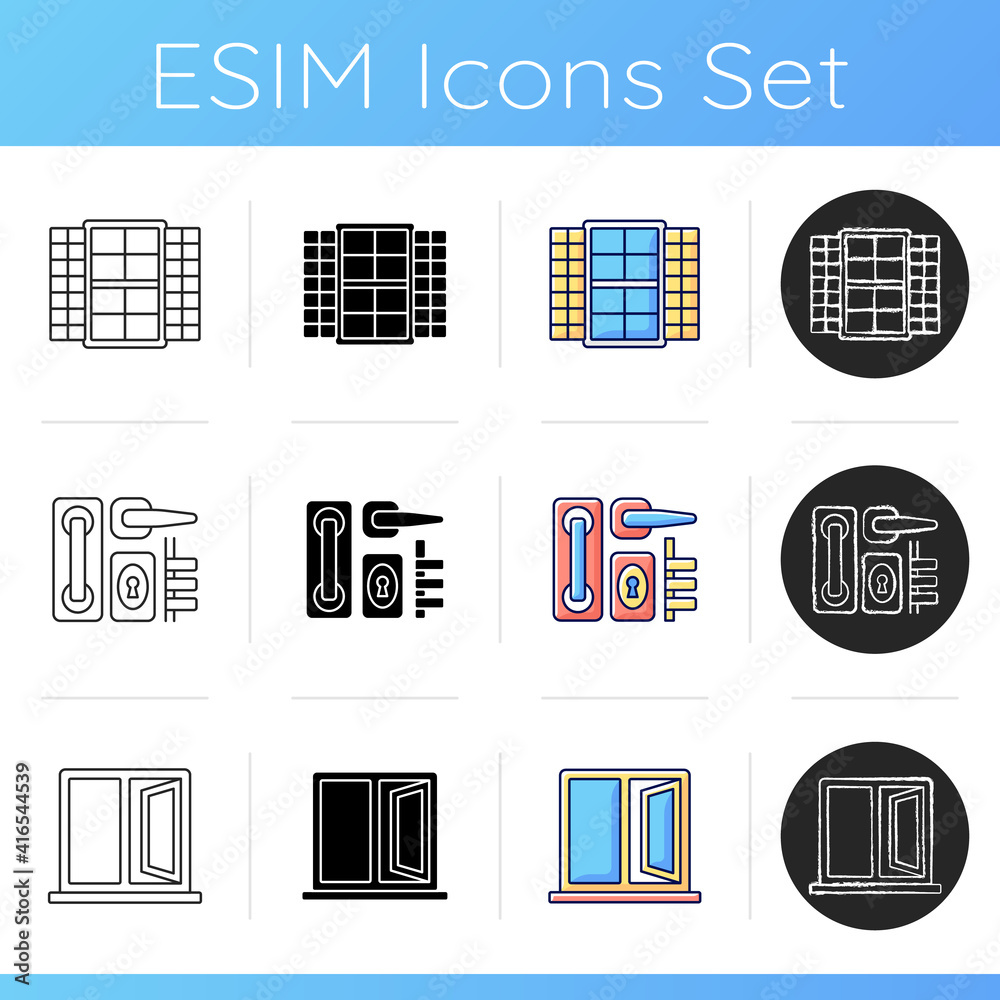 Installation services icons set. Window shutters. Door hardware ...