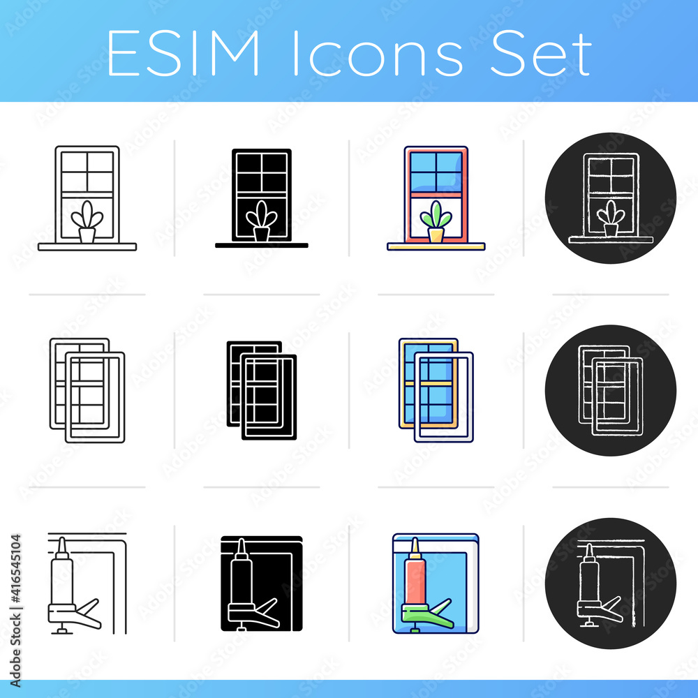 Windows, doors replacement service icons set. Windowsills. Storm ...