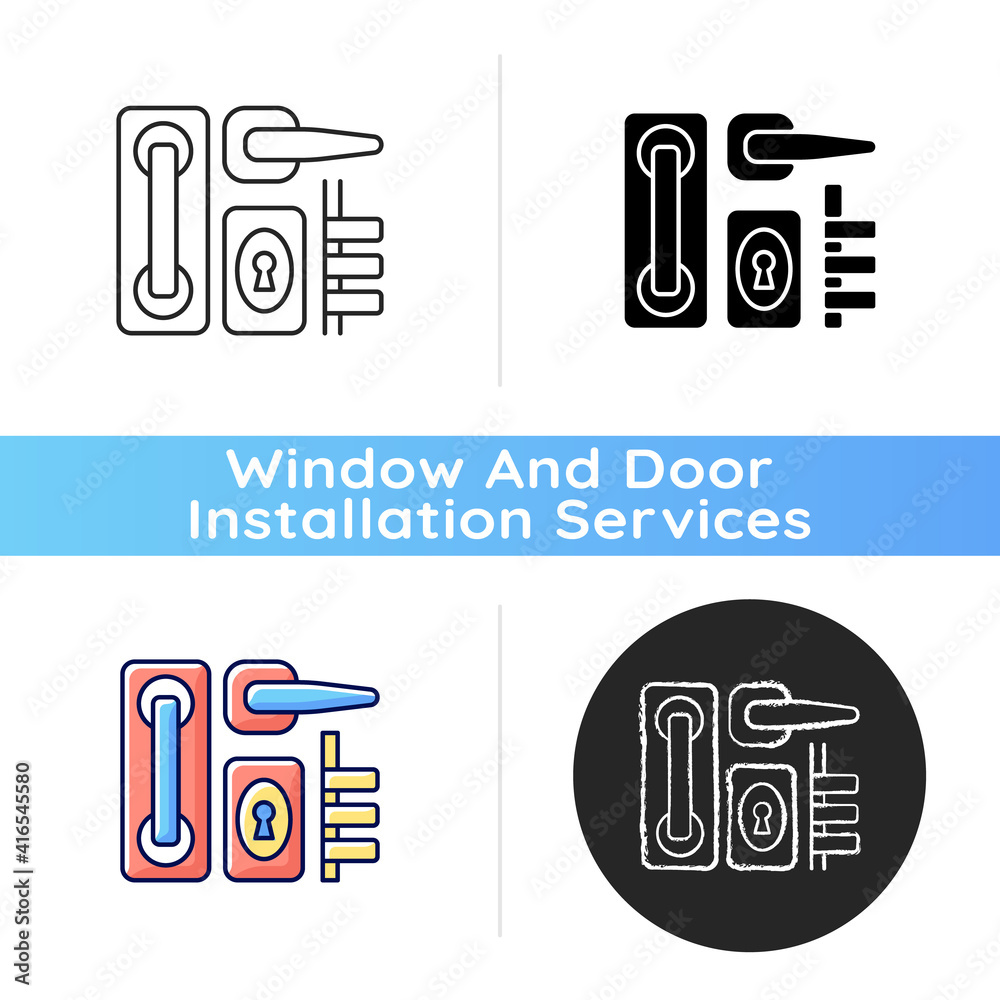 Door hardware icon. Locks and levers. Latch mechanism. Installation in ...