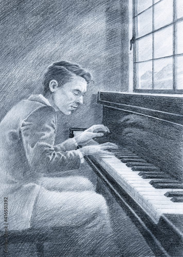 pencil drawing of a pianist playing in front of a window Stock ...