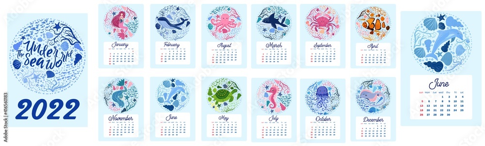Marine life. calendar design template for 2022, A4 format. Week starts ...