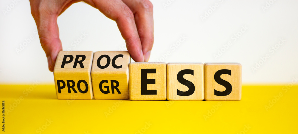 Foto Stock Process and progress symbol. Businessman turns wooden cubes ...