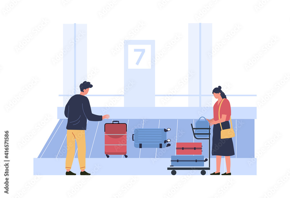 Luggage belt at airport, people pick up luggage. Vector airport and ...