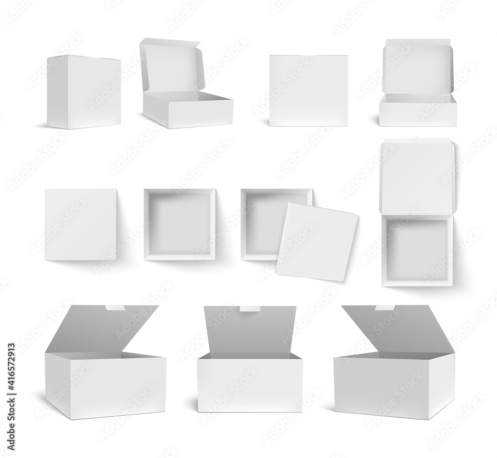 Box packaging. Blank white and black product package in 3d templates ...