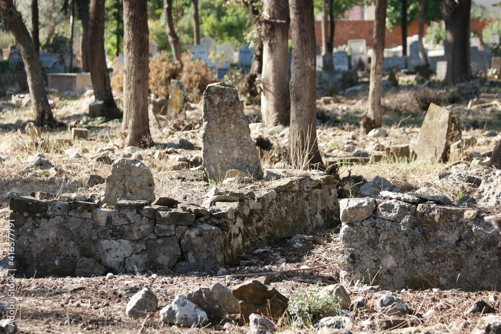 Ruins of old islamic cemetery in Turkey. An ancient islamic graveyard ...