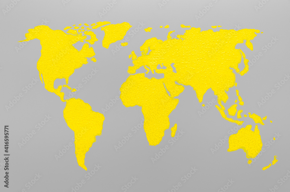 World map drawn paint yellow color on a gray background. Minimalistic ...