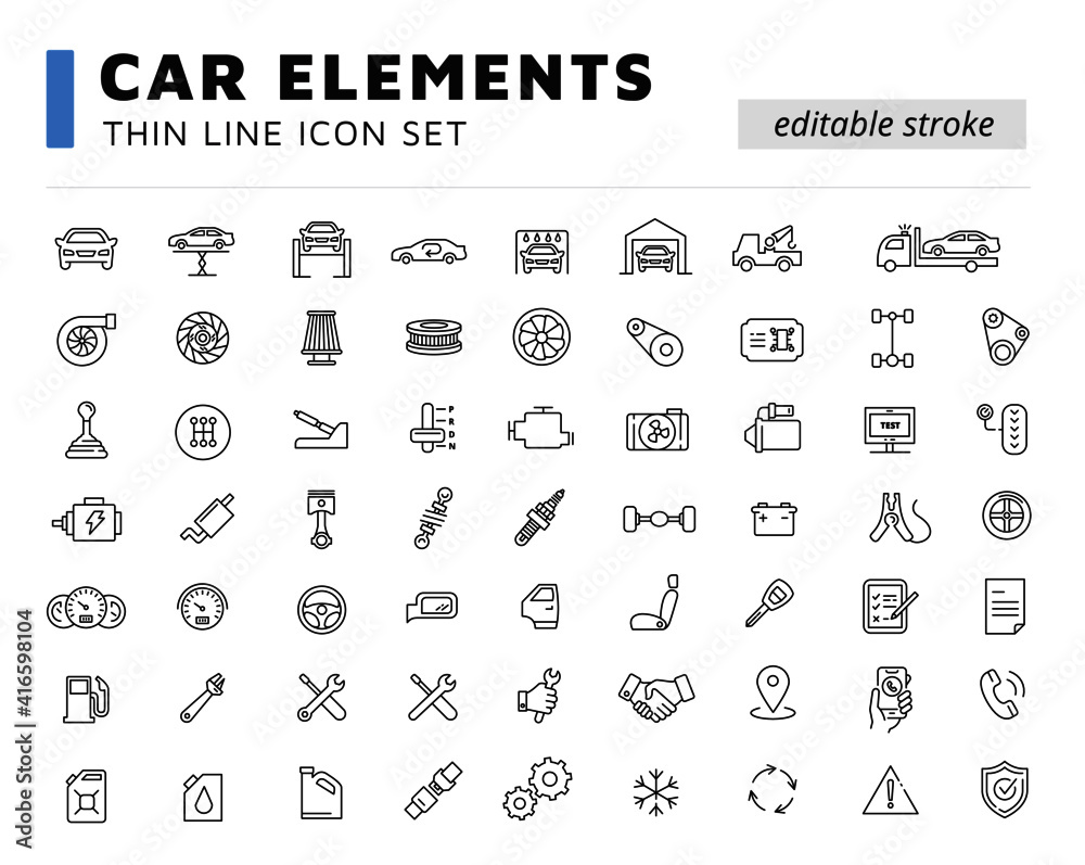 Line icon set of auto parts, car elements. All parts of car. Car ...