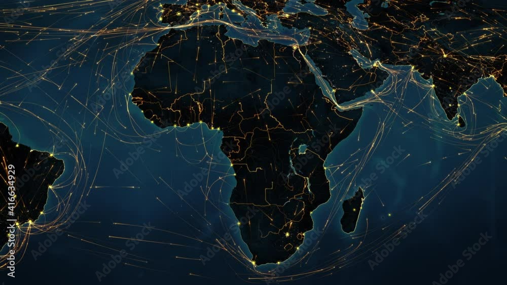 African map with yellow lines. Animation of the Earth with bright ...