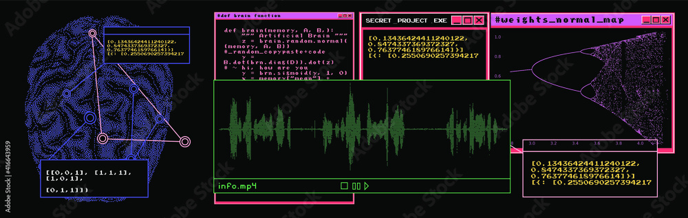 Sci-fi retrofuturistic dashboard with message boxes and windows ...