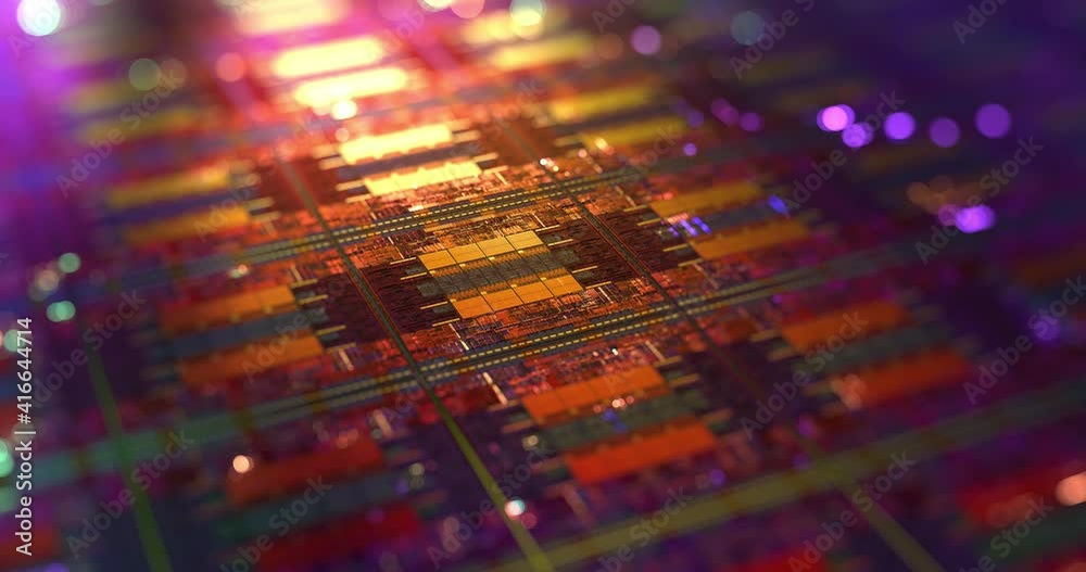 Computer CPU chip on silicon wafer. close up shot of electronic system ...