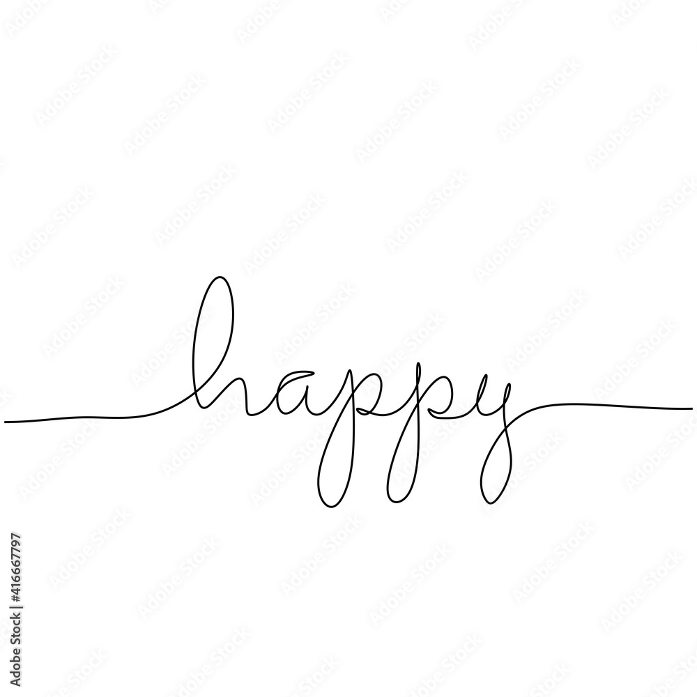 Continuous one line drawing of a "happy" word. Handwritten lettering ...