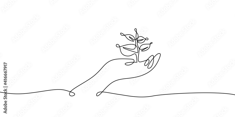 Continuous one line drawing of back to nature theme with hand holding a ...