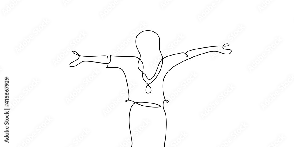 Continuous line art or One Line Drawing of a woman stretching arms is ...