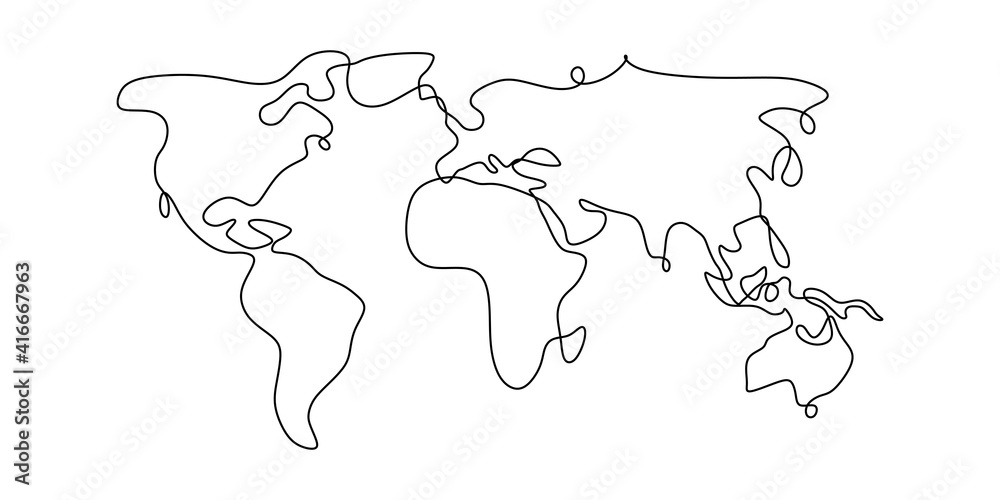 Continuous single line world. Earth globe one line drawing of world map ...