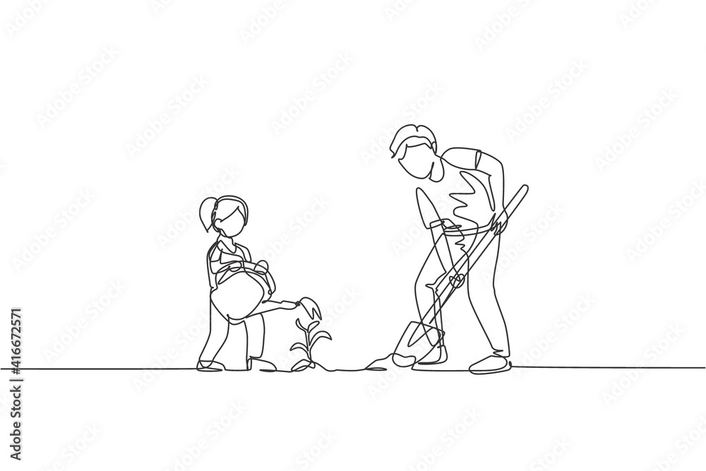 One single line drawing young father digging ground using shovel and ...