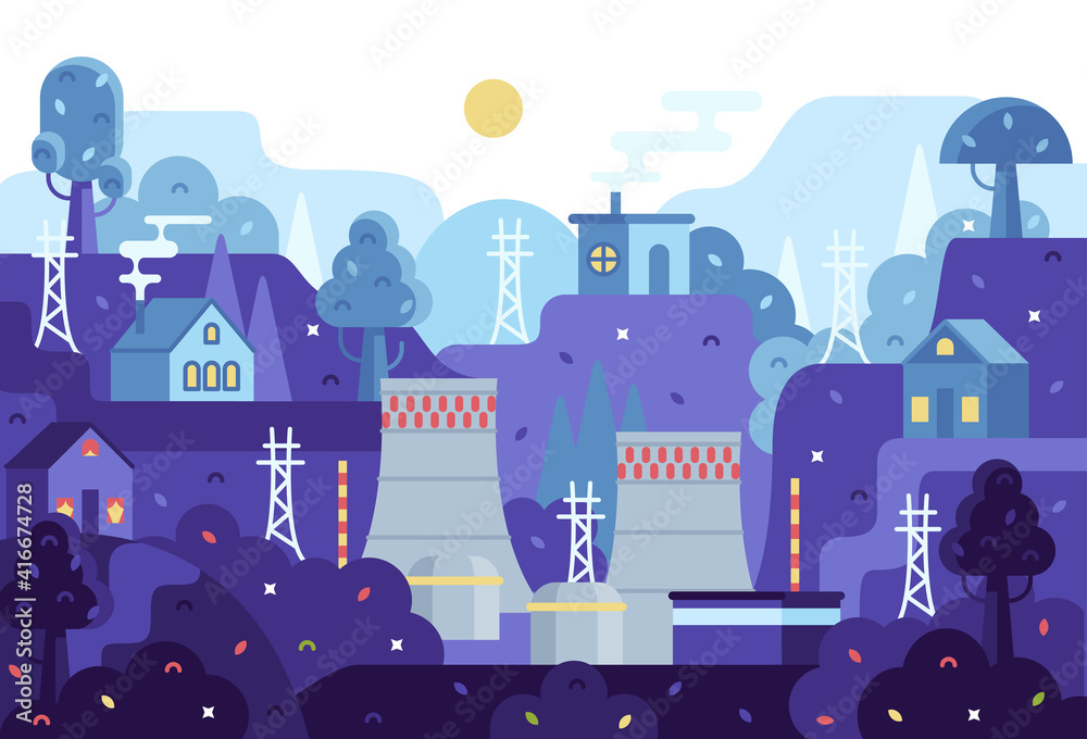 Vector cartoon panorama illustration in flat cartoon stile - Village ...