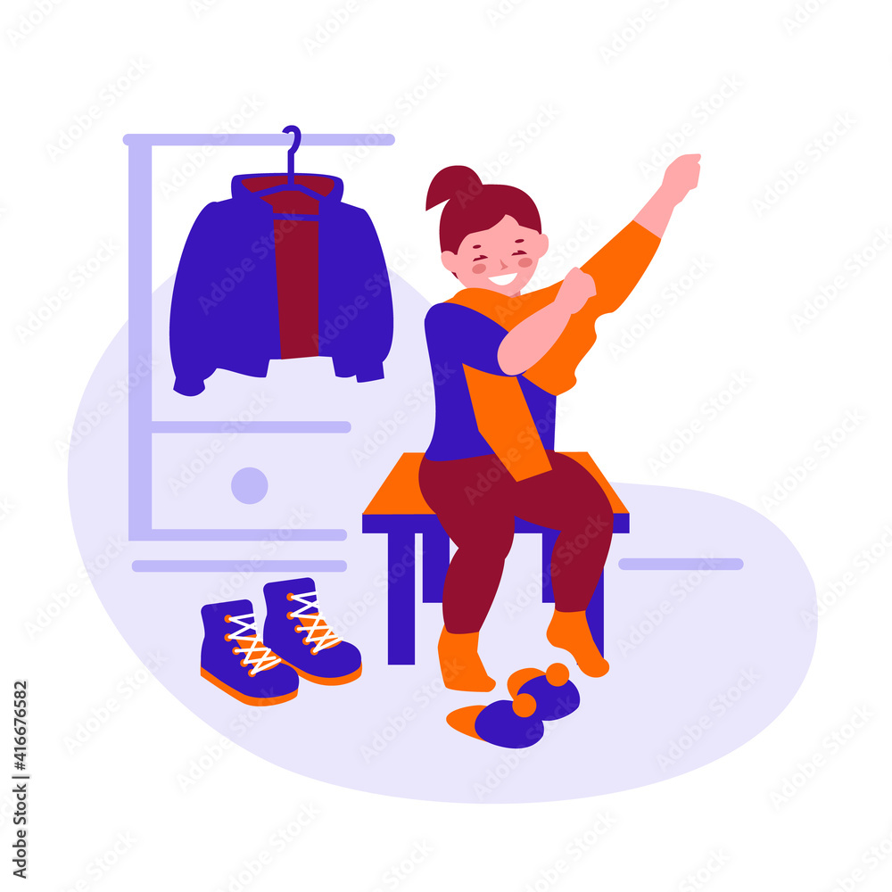 Little girl gets dressed for a walk. Puts on a sweater. Vector ...